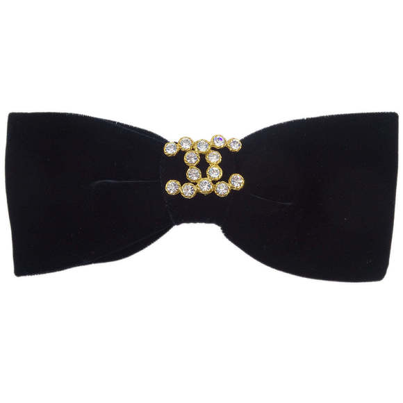 CHANEL | Accessories | Chanel Velvet Bow Rhinestone Hair Barrette Black ...